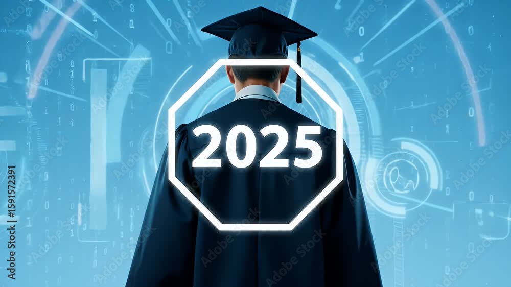 Graduating Student in Gown and Cap with Blue Tech Futuristic Background ...