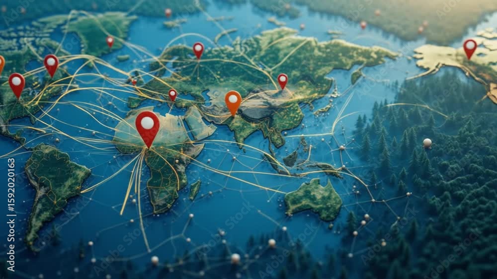 Map with location pins on the road and forest network, representing geolocation and connectivity ...