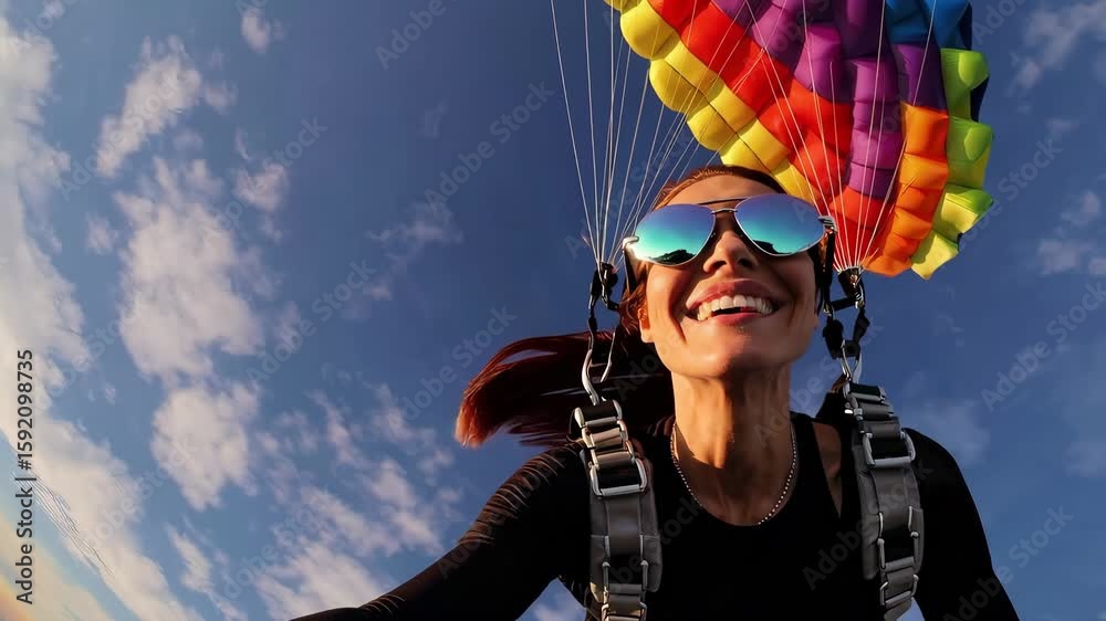 Smiling woman skydiving with colorful parachute against clear sky ...