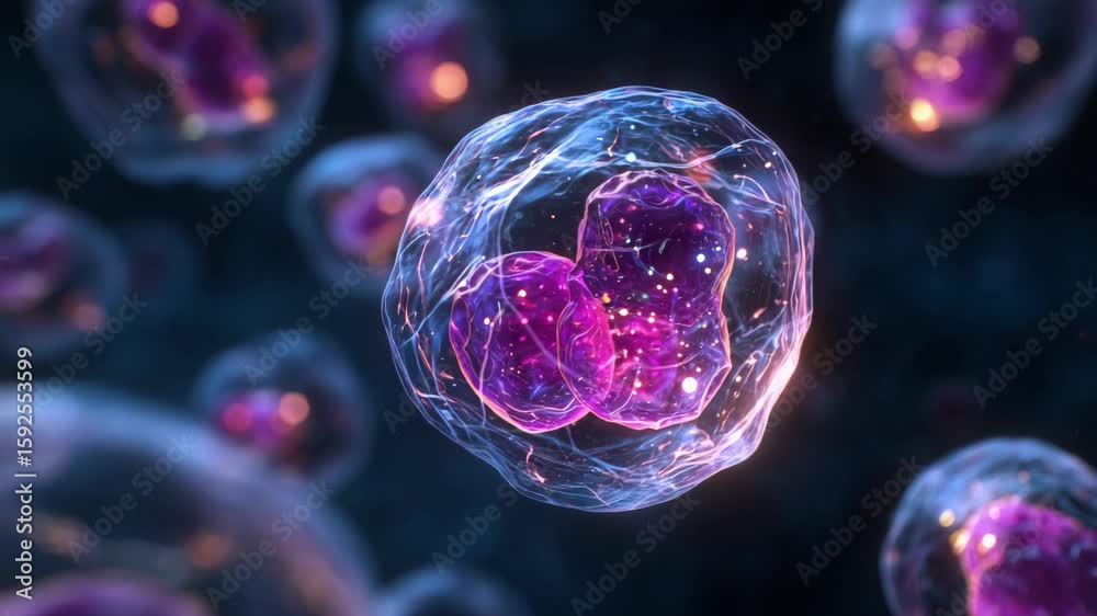 Close-up of cell mitosis with glowing pink nuclei and transparent ...