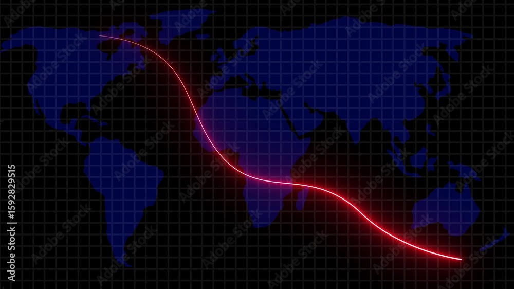 Animated world map with a dynamic glowing line showing a global ...