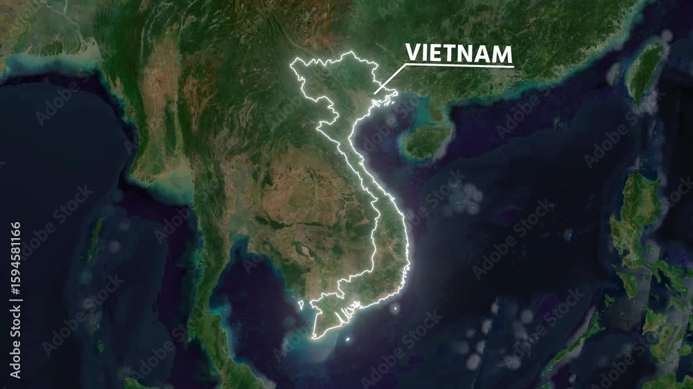Zoom from Earth to Vietnam. Glow outline map animation satellite view ...