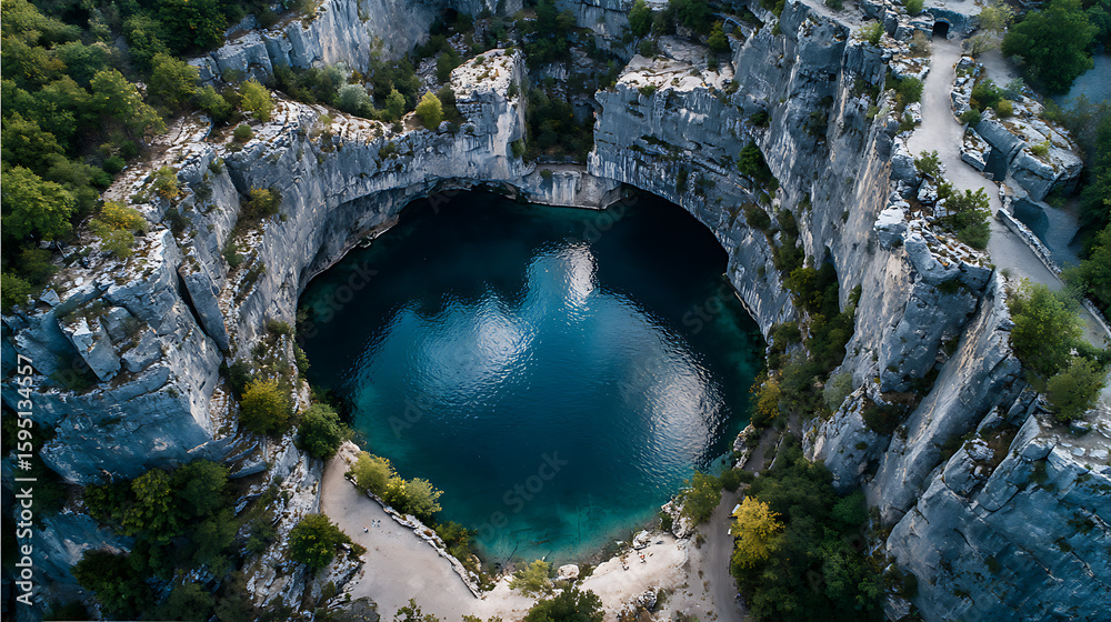 Aerial View Of Karst Sinkhole Lake With Cliffs And Reflections For ...