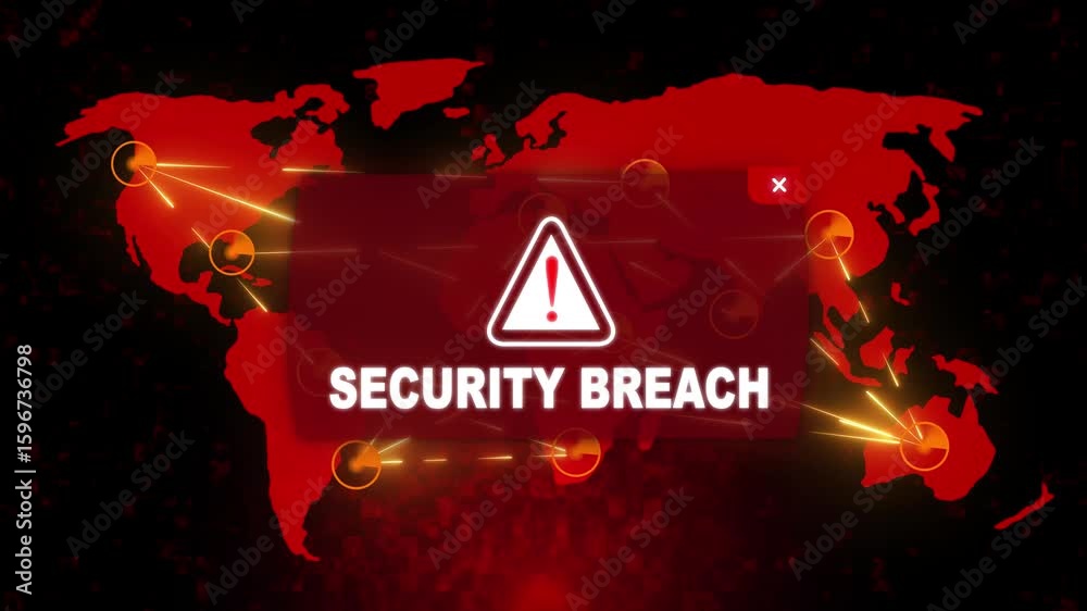 Security Breach Alert Warning Message Attack on World map. Wire frame ...