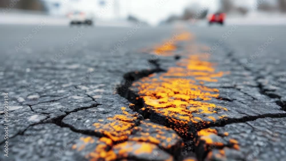 Road damage with cracks and orange markings indicating hazards in a ...