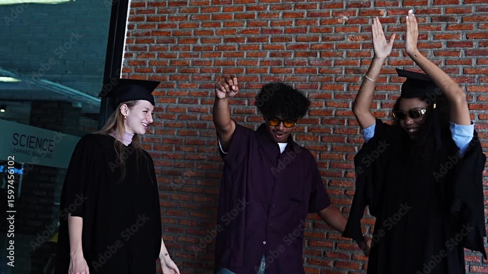 Two Asian teenage girls wearing graduation gowns are happy to have ...