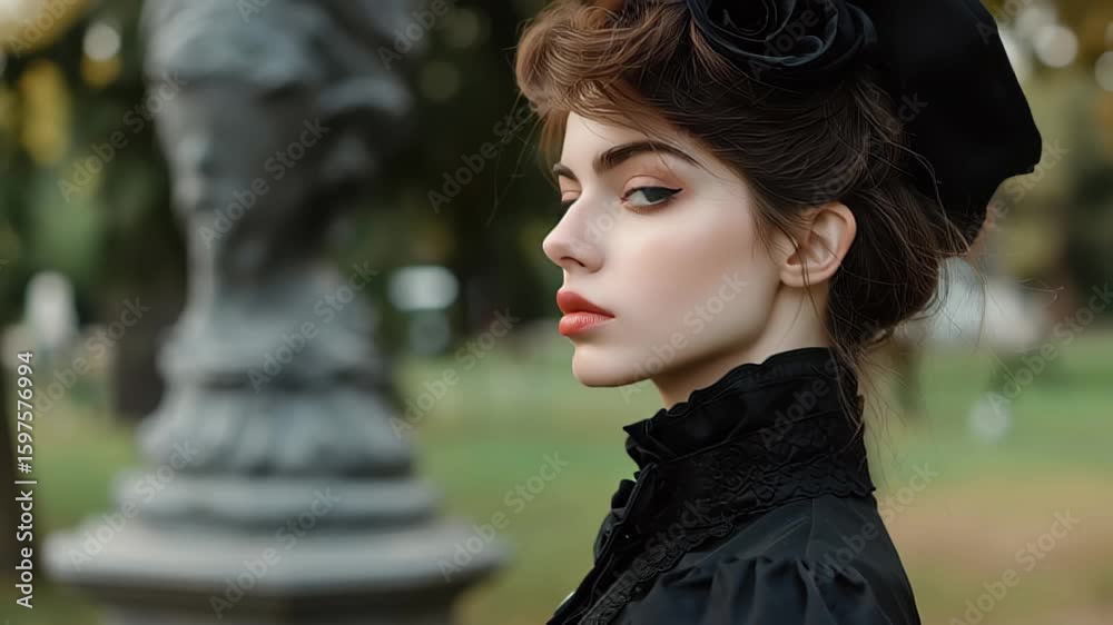 Serious woman in Victorian attire poses gracefully near a detailed ...