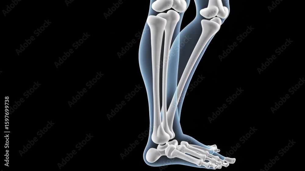 A detailed X-ray view of the lower human skeleton, featuring bones of ...