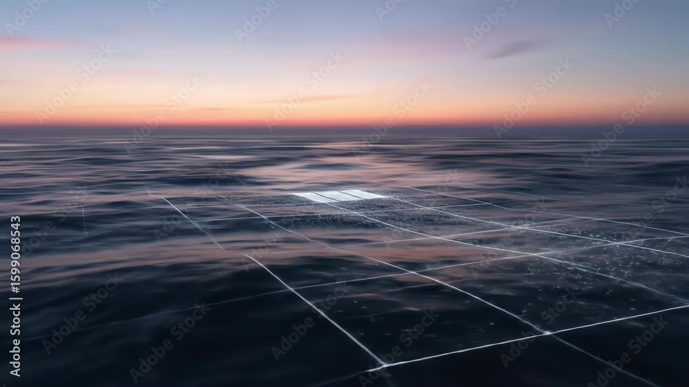 Vidéo Stock Ocean data grid at sunset, technology network visualization ...