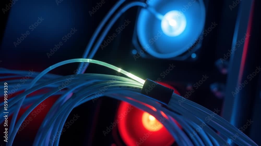 Fiber optic cables glowing with blue and red light, an abstract ...