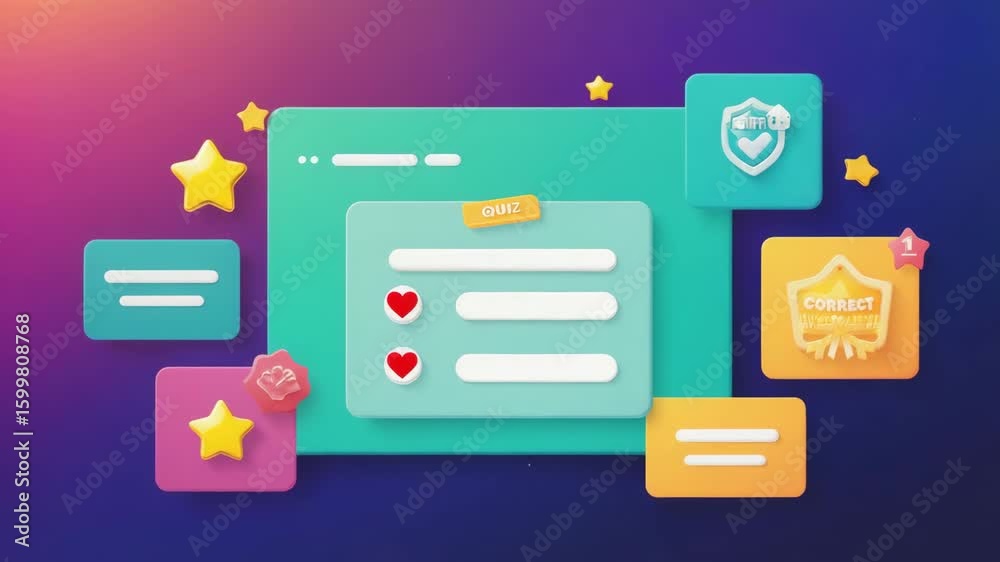 Quiz cards flip with answer reveals, badges pop up, and the green ...