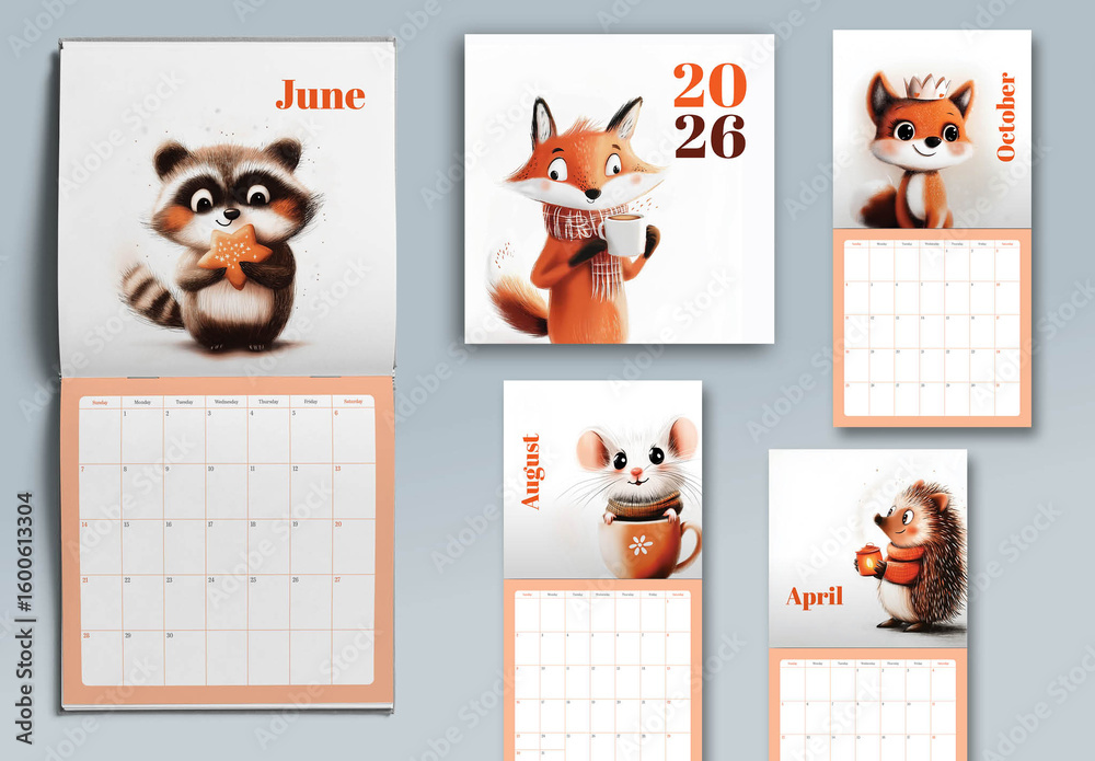 2026 Calendar Layout with Cute Animals Images Stock Template | Adobe Stock