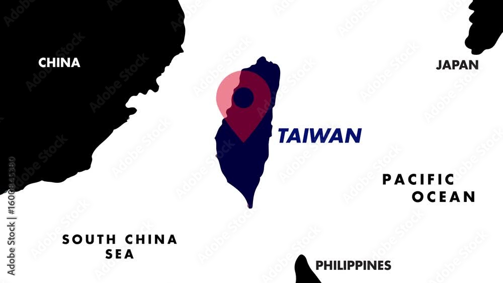 4K Animation of Taiwan highlighted with pulsing red location pin ...