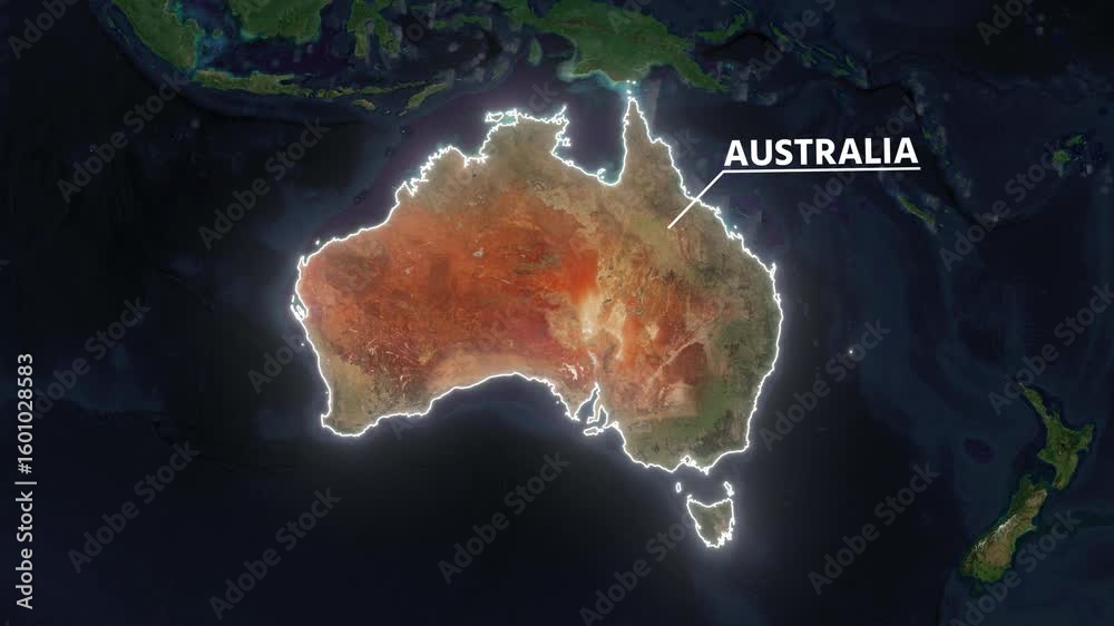 Zoom from Earth to Australia. Glow outline map animation satellite view ...