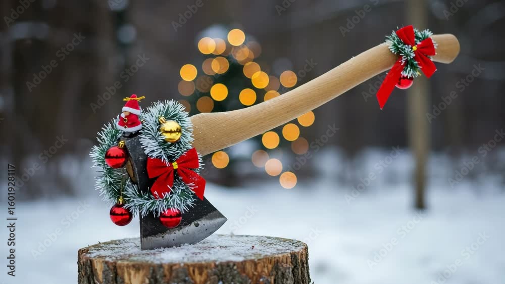 Festive axe decorated with tinsel, baubles, and a Santa figurine, stuck ...