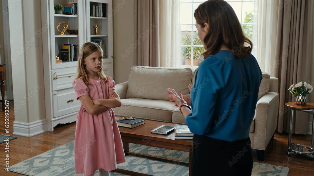 A mother correcting her female child who is angry and throwing a ...