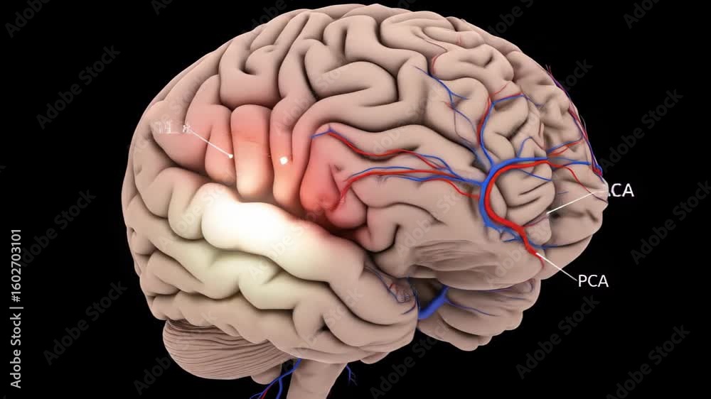 3D animation of the human brain showcasing major arteries ACA, PCA, and ...
