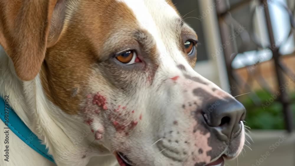 Swollen old fawn labrador with allergies concept. A close-up profile of a dog with skin ...