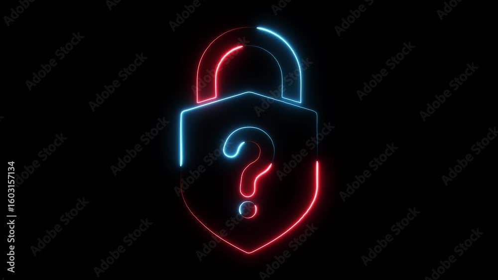 Neon lock symbol with question mark inside glowing red and blue on ...