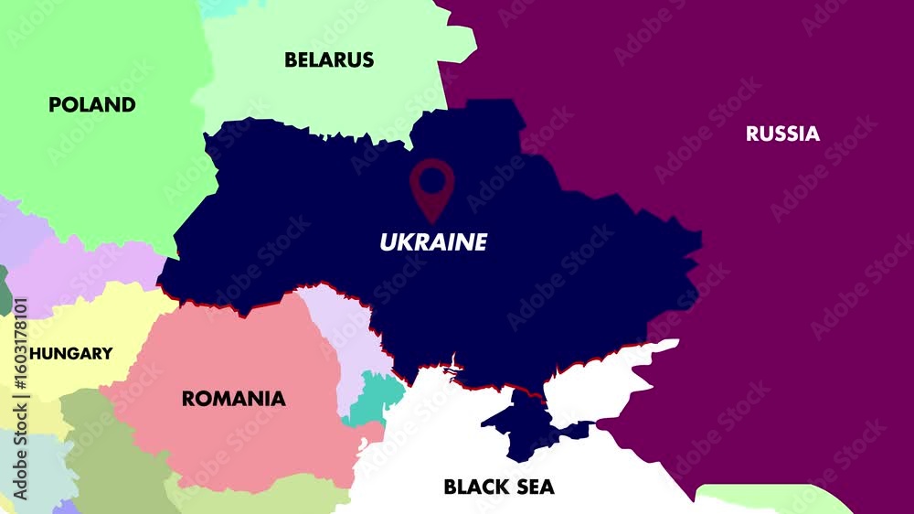 4K Ukraine Map Animation Highlighted in Deep Dark Blue with Red Pulsing ...