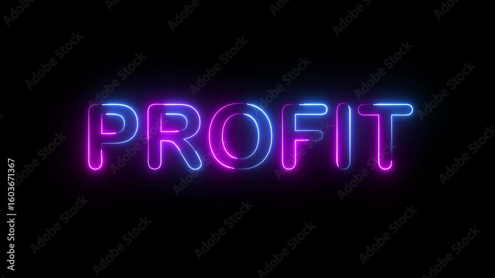 PROFIT text icon animation glowing neon pink and blue color font letter ...