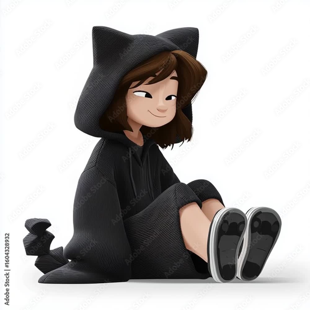 Cartoon girl in black cat costume sits and wiggles her tail playfully ...
