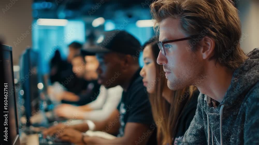 Dynamic scene of diverse coding boot camp students analyzing code on screens while using ...