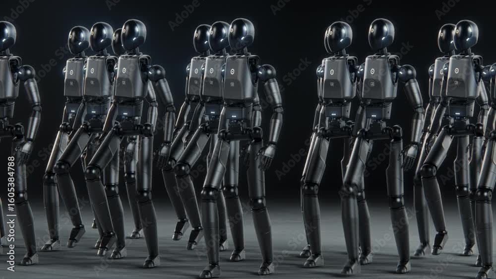 Visualization of Army of Advanced Humanoid Robots Marching Together ...