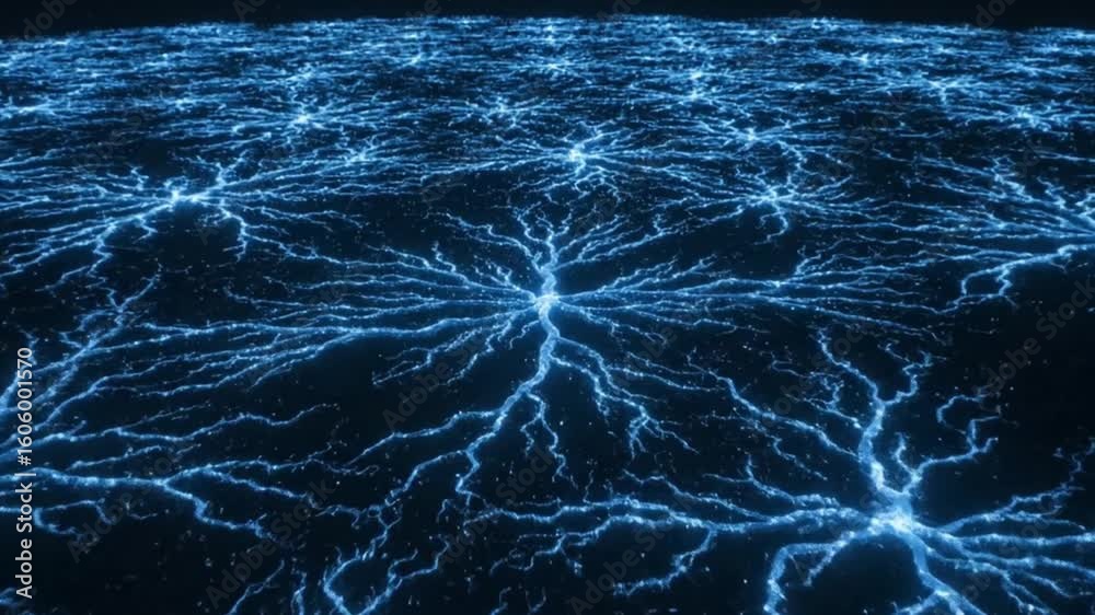 Flying through a vast and chaotic field of branching blue and purple ...