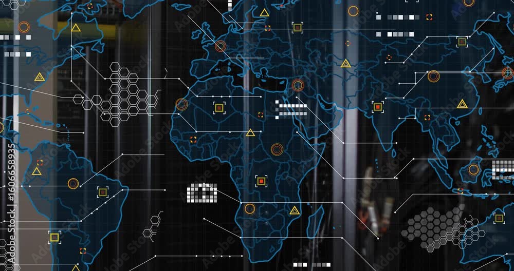 Translucent world map drawing itself over server racks, network nodes pulsing and linking ...