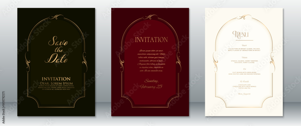 Elegant wedding card trio featuring Save the Date, Invitation, and Menu ...