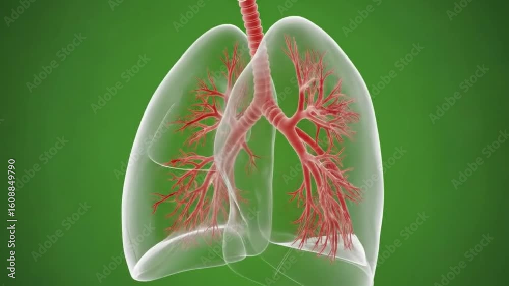 Digital lung illustration with red highlighted blood vessels and ...