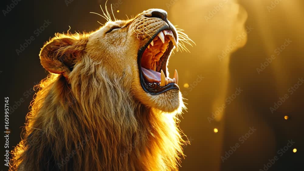 Majestic Roar of a Lion: A powerful lion roars, its mouth wide open ...