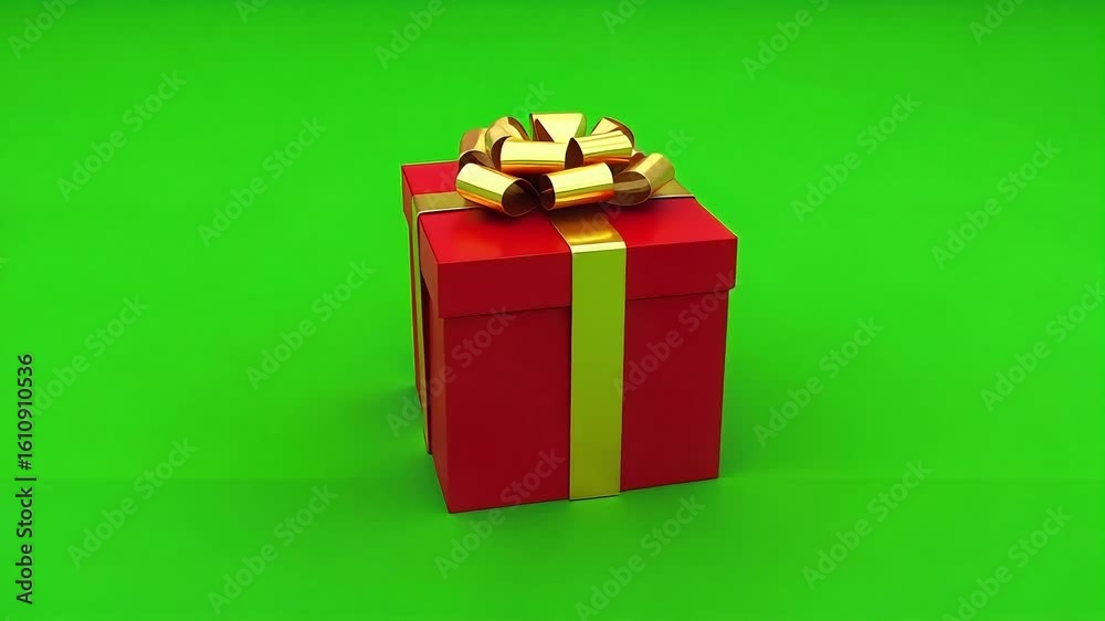 Rotating Festive Gift Box with Shiny Gold Ribbon on Smooth Greenscreen ...