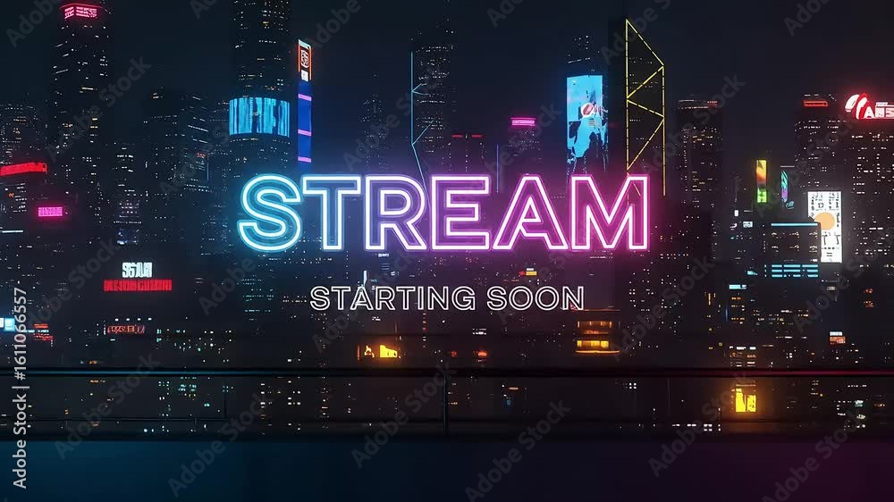 Dynamic Neon STREAM STARTING SOON Text Overlay Against a Futuristic ...