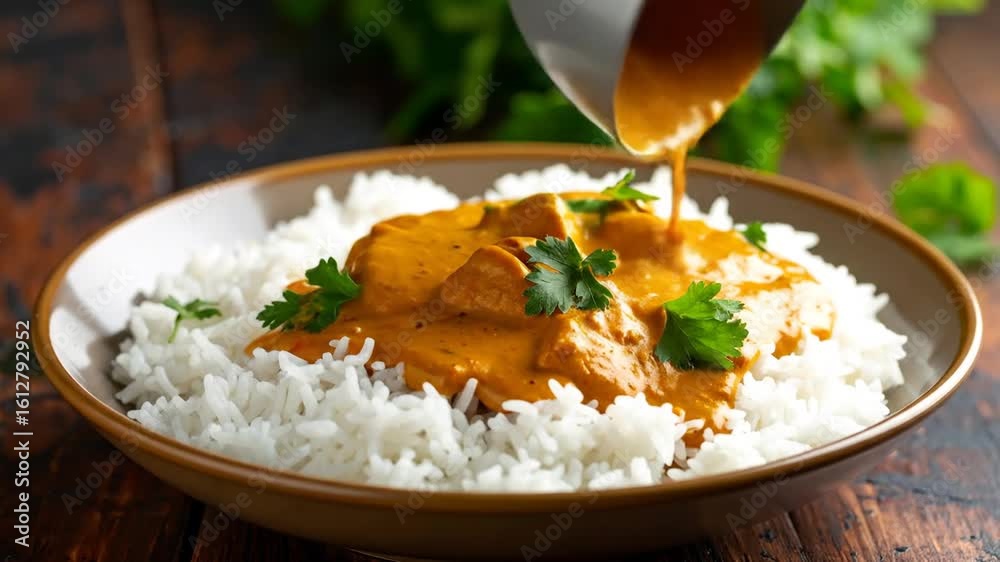 Delicious Chicken Curry with Rice, Pouring Sauce Stock Video | Adobe Stock