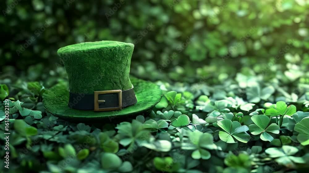 video of green leprechaun hat on the clover background Відео Stock ...