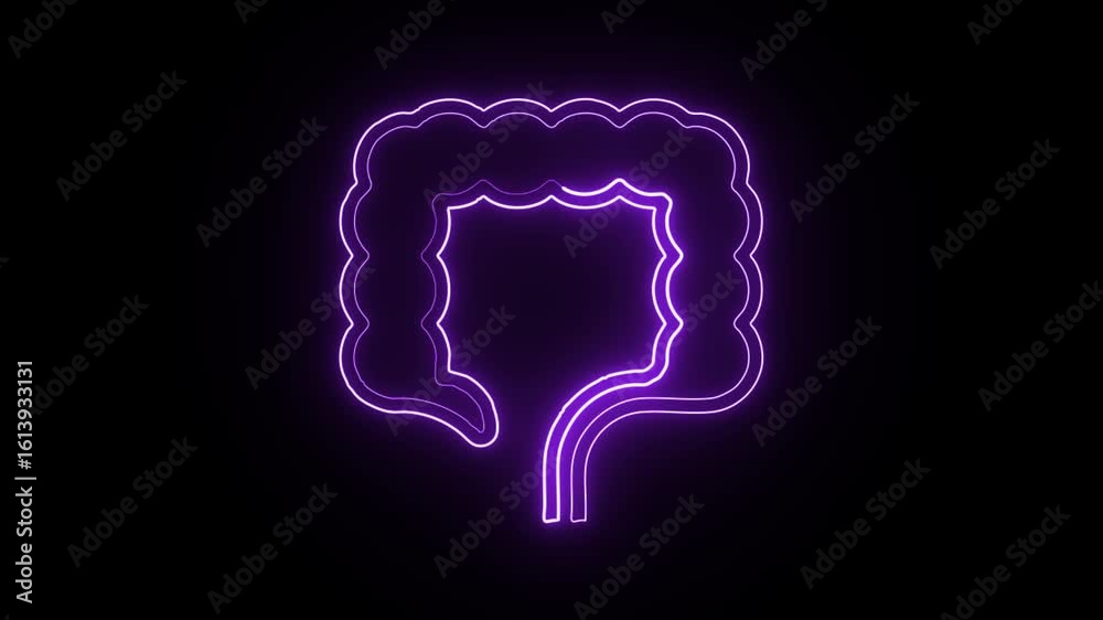 glowing neon large intestine icon isolated, black background, HD motion ...