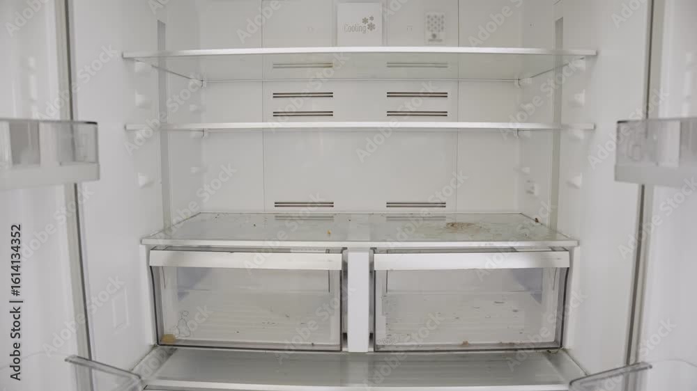 Empty fridge with no food items and dirty shelves with old leftover ...