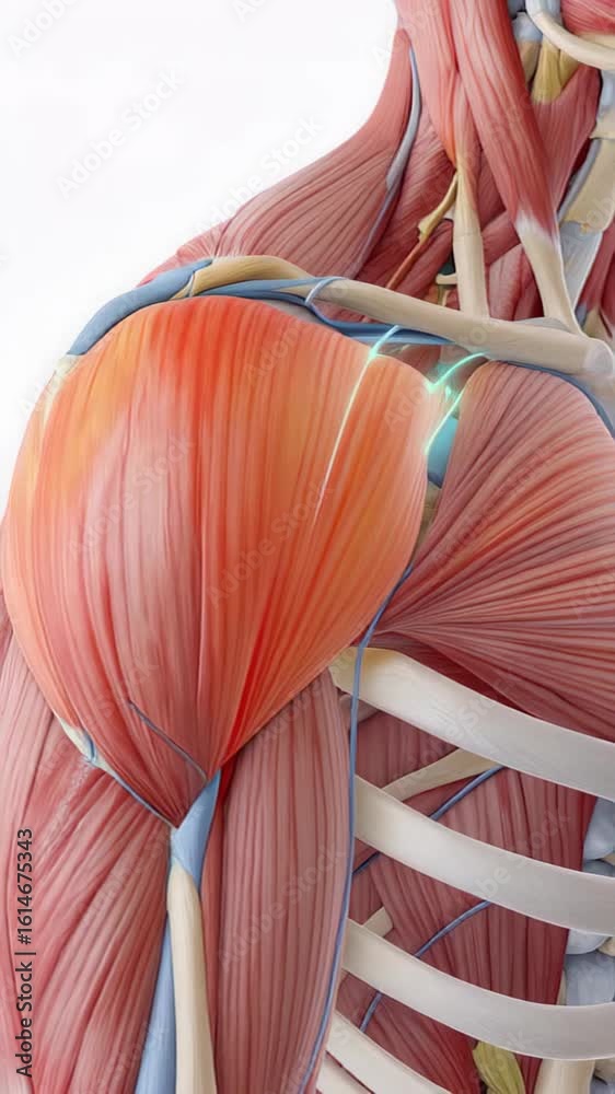 Advanced 3D visualization of the human shoulder anatomy highlighting the deltoid muscle and ...