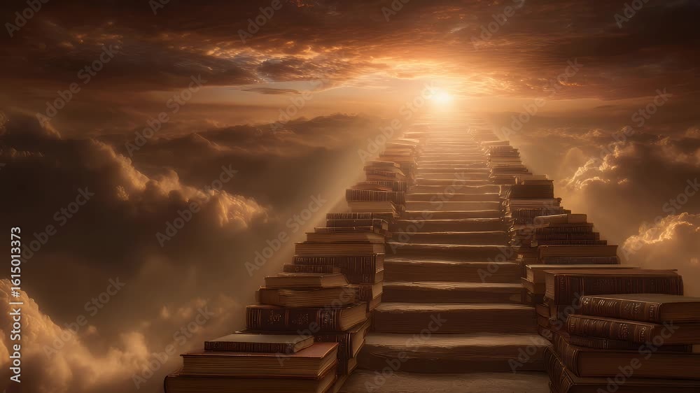 Sunrise Over A Symbolic Staircase Made Of Books Leading Up To A School