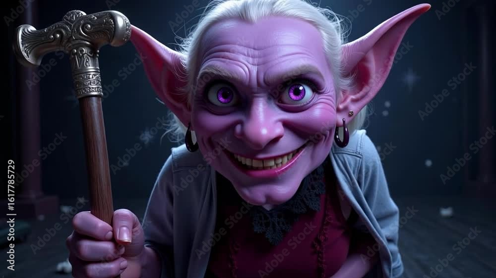 Whimsical elderly vampire woman with fangs and cane in elegant velvet ...