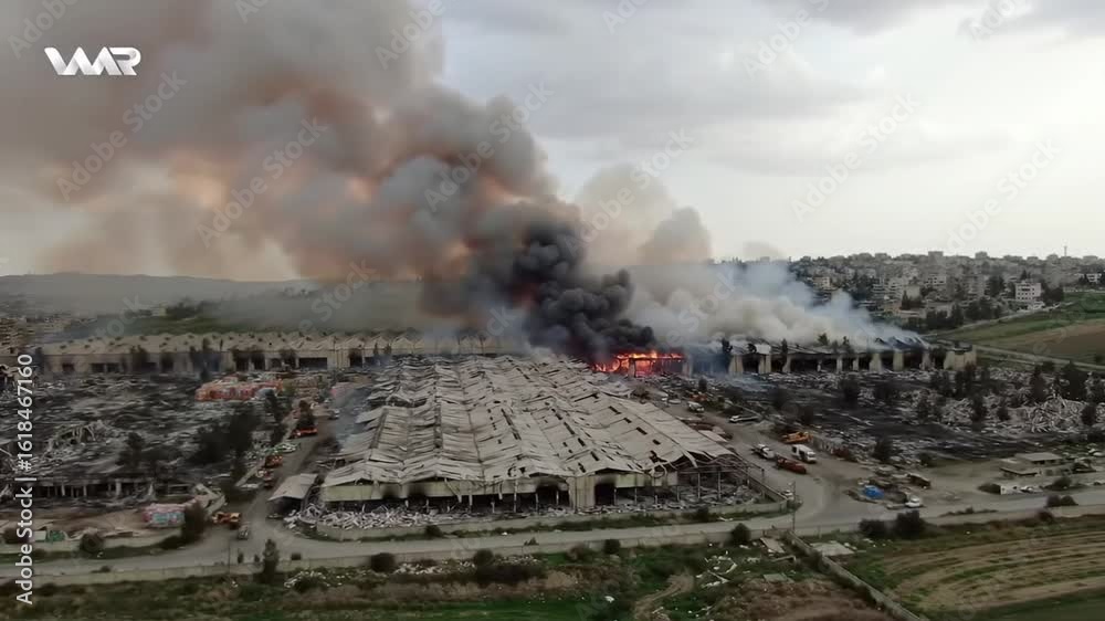 A massive fire engulfs a commercial structure, emitting thick smoke and ...