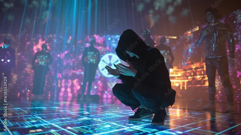 A man black hoodie intensely playing a futuristic holographic video ...