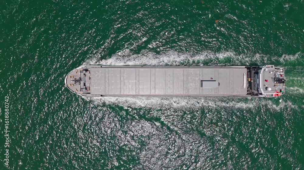 Cargo business. Empty barge. Cargo ship with container at sea, aerial ...