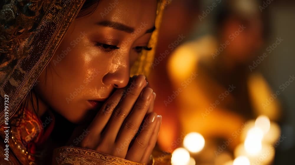 Man lowers head in worship, emotion fills eyes. Woman beside him in ...