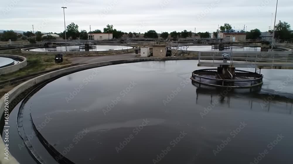 Drone View of a Wastewater Treatment Facility with Circular ...