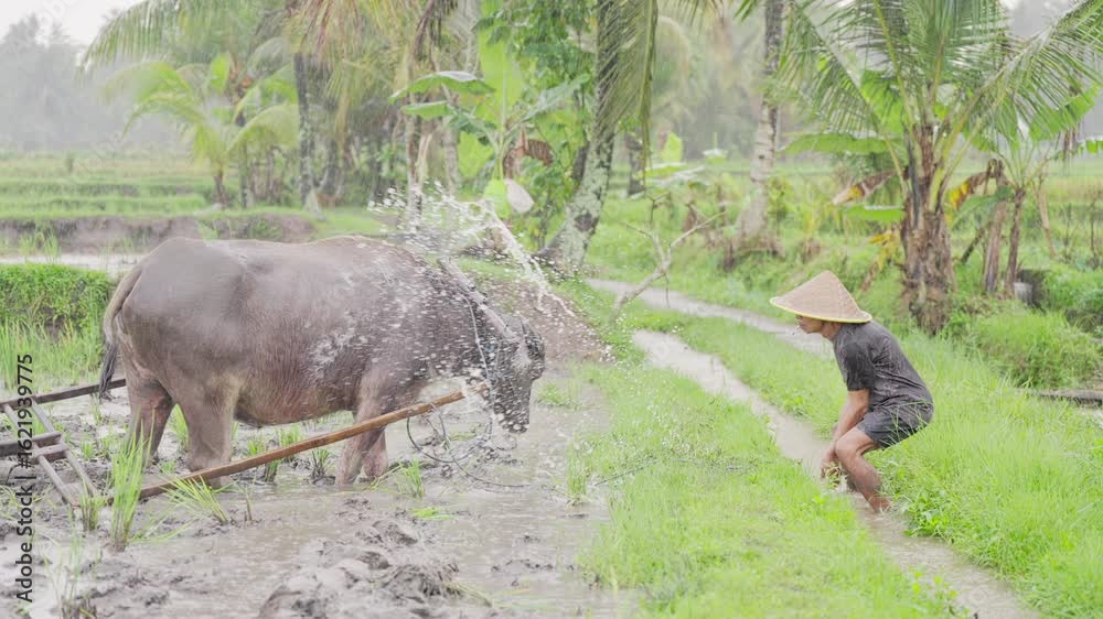 Domestic water buffalo, bubalus bubalis, in rice paddy field, farmer ...