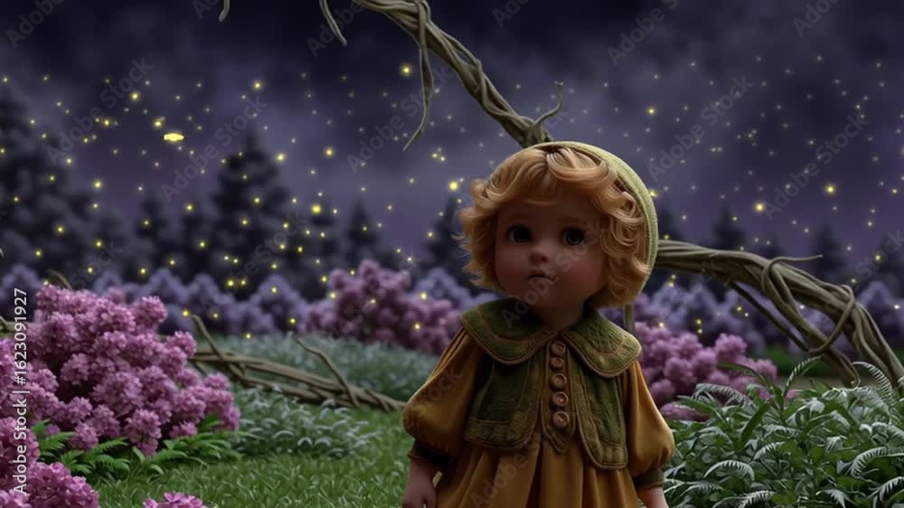 Children in the orchard at night with the light of fireflies floating ...
