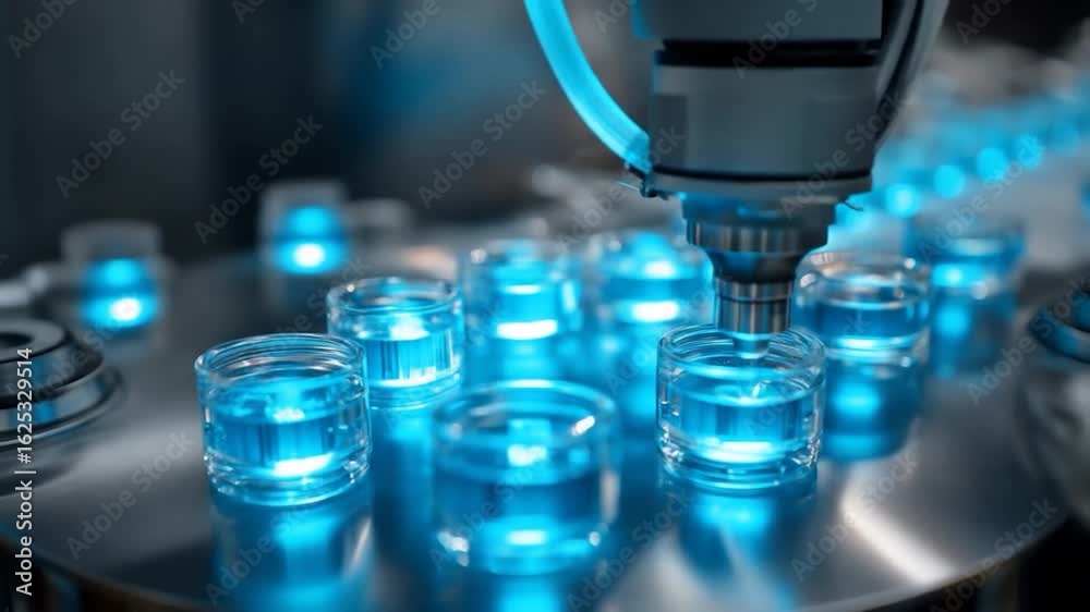 Automated Liquid Dispensing: Robotic Arm Filling Vials with Blue Liquid ...